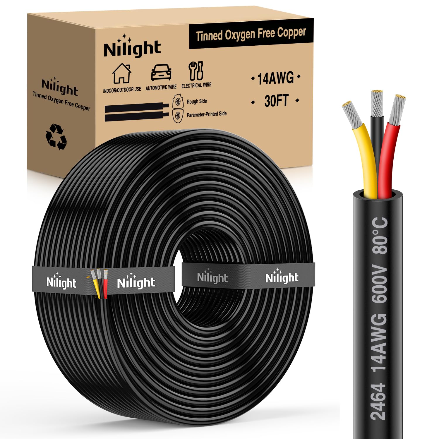 Nilight 30FT 14AWG 3 Conductor Electrical Wire Tinned Oxygen Free ...