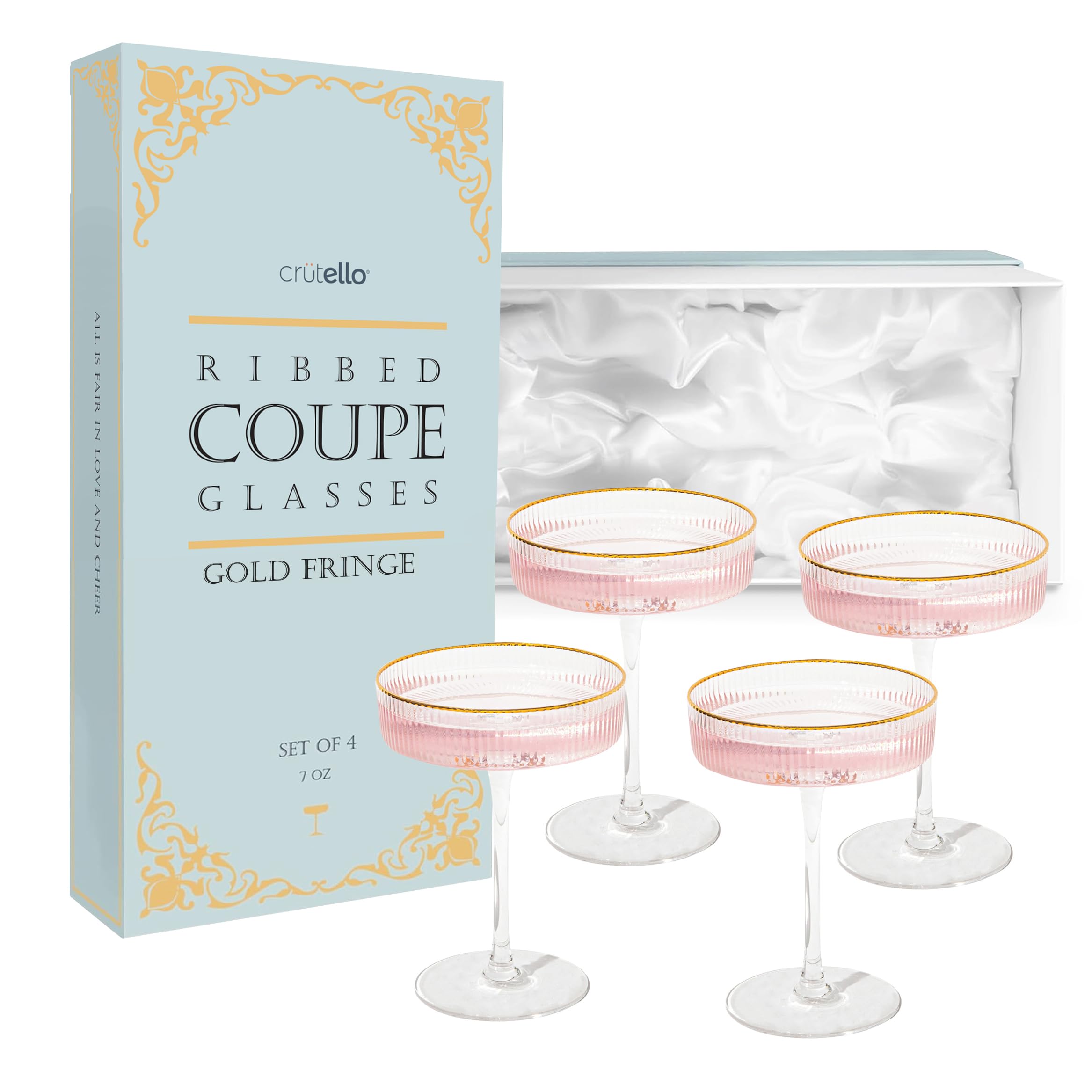 Crutello Champagne Coupe Glasses Set of 4, Gold Rim, 7oz Vintage ...