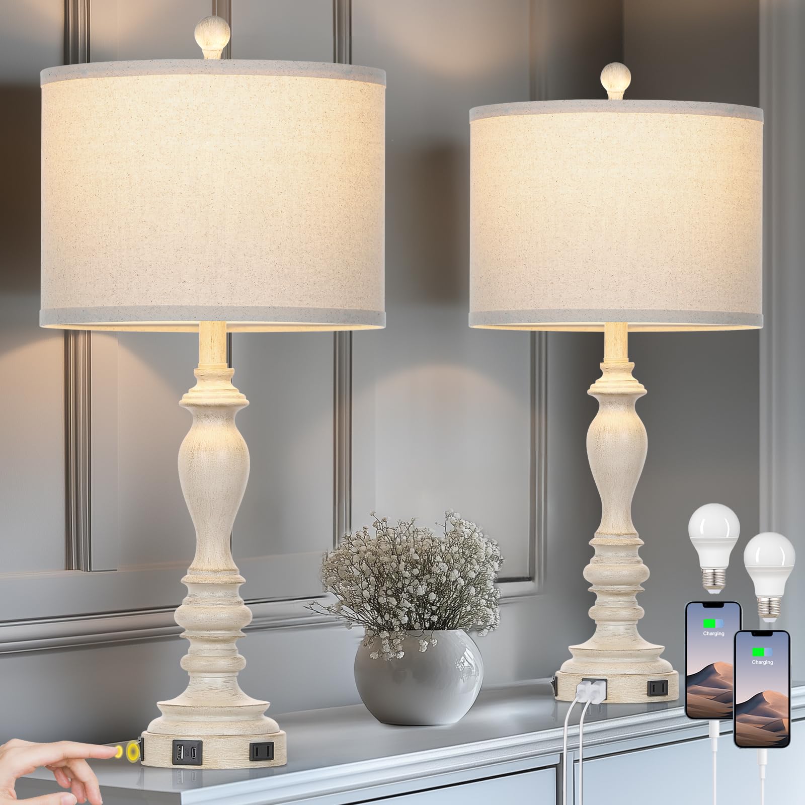 28" Table Lamps with USB C+A Ports & AC Outlets, Farmhouse Rustic Table ...