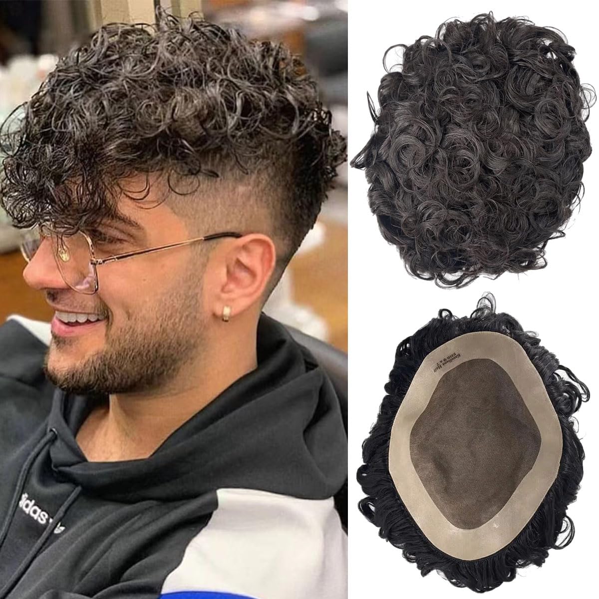 Ehairc Toupee for Men Mono Lace with PU Around Kinky Curly Human Hair ...