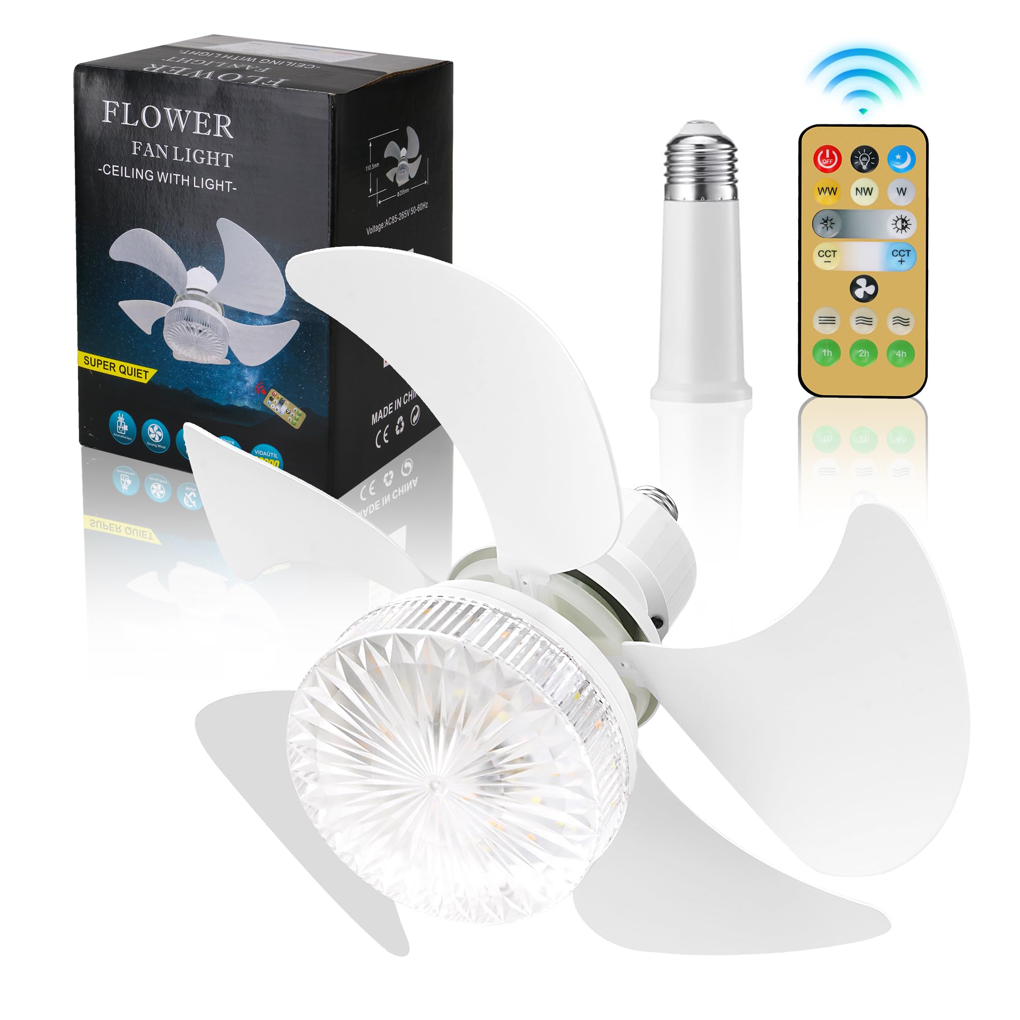 Socket Light Fan with Remote Control, 3 Colors 3000K-6500K Dimmable LED ...