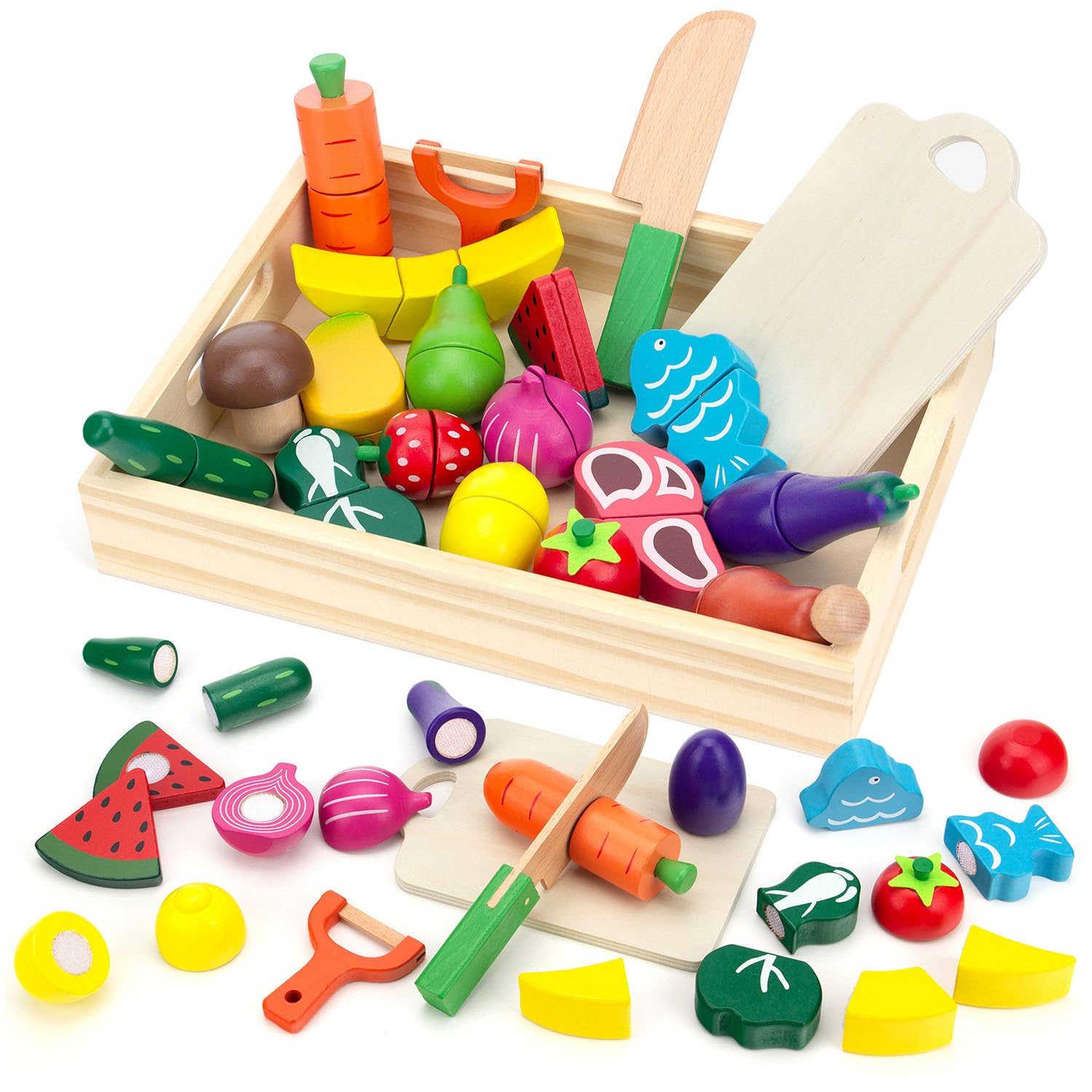 Wooden Play Food Sets for Kids Kitchen Fake Food Cutting Fruits ...