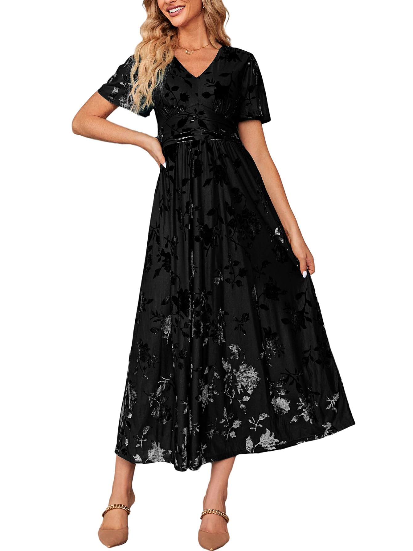 Simplee Womens Winter Formal Wedding Guest Velvet Maxi Dress Floral ...