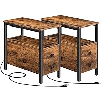 VASAGLE Side Table with Charging Station, Narrow End Table with 2 Drawers, Slim Nightstand and ...