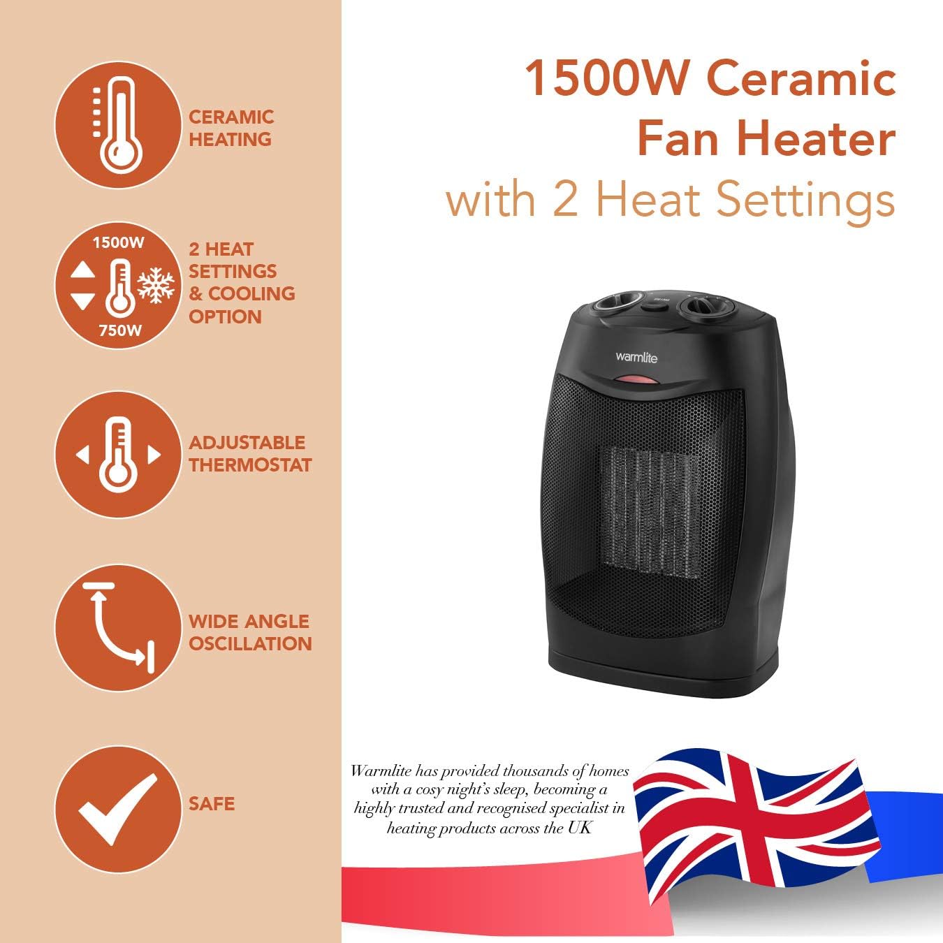 Warmlite WL44005 Ceramic Fan Heater with 2 Heat Settings and PTC ...