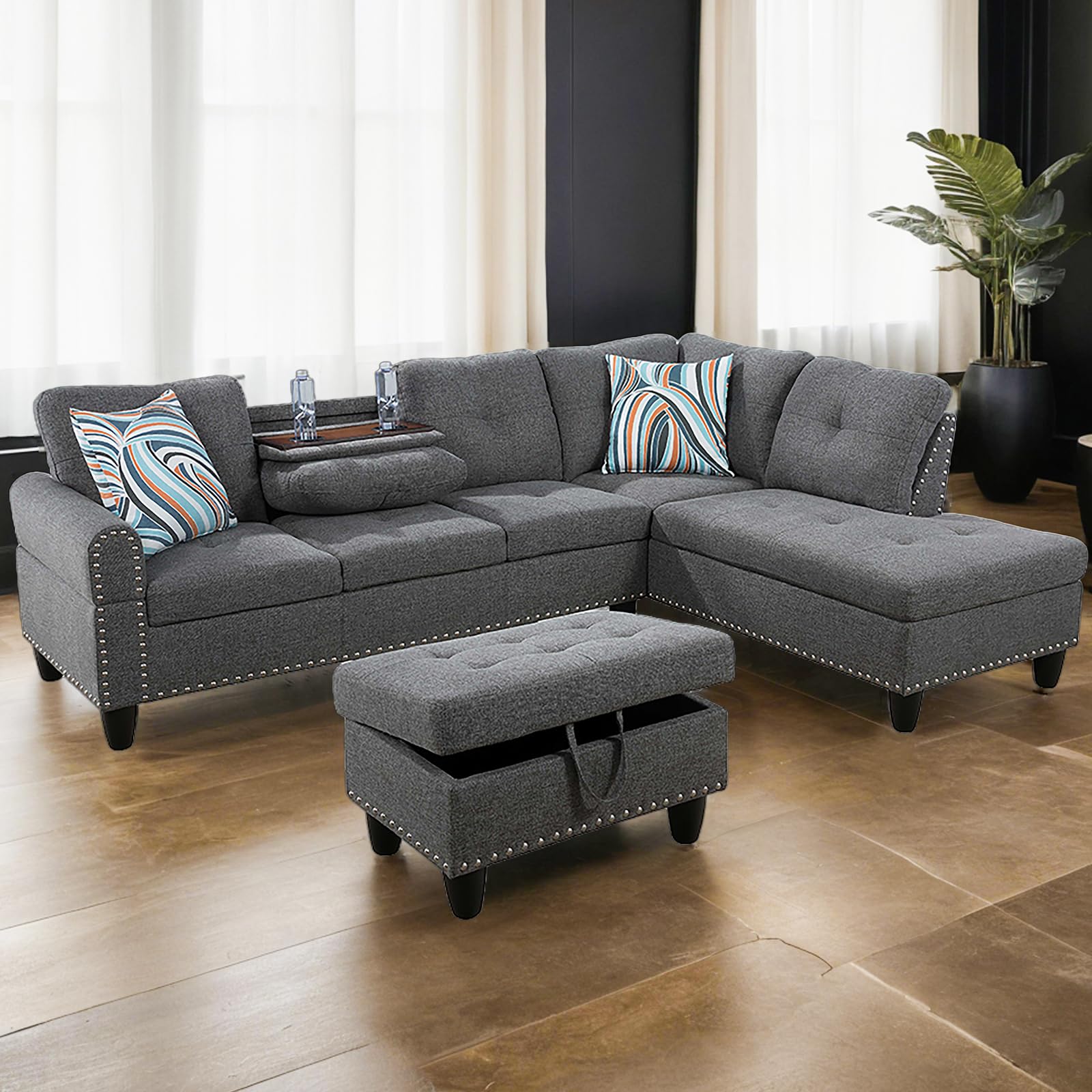 GlasFlength L Shaped Sectional Sofa with Ottoman, Nail-Head Design ...