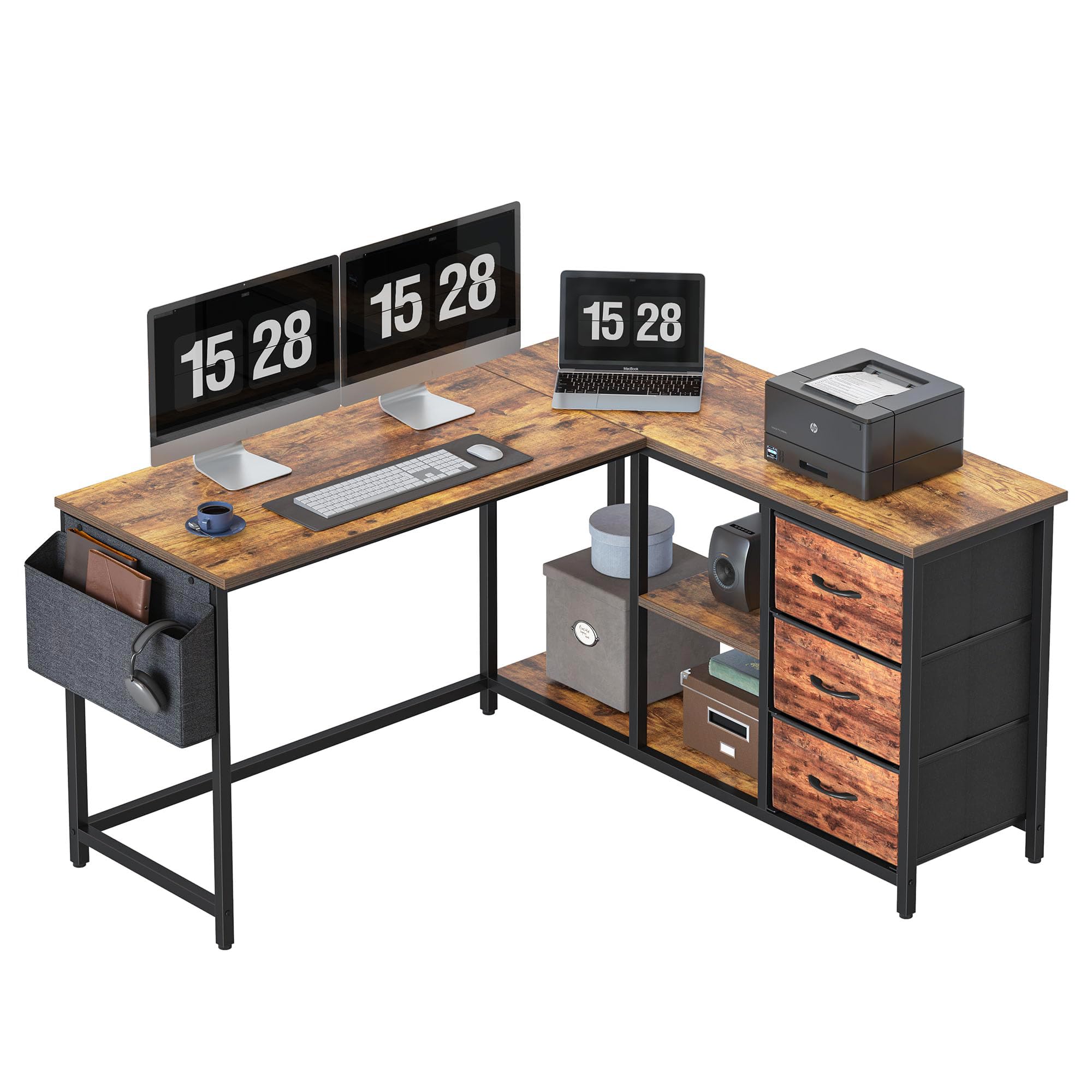 Treesland L Shaped Desk with Drawers, 55 inch Computer Desk with ...