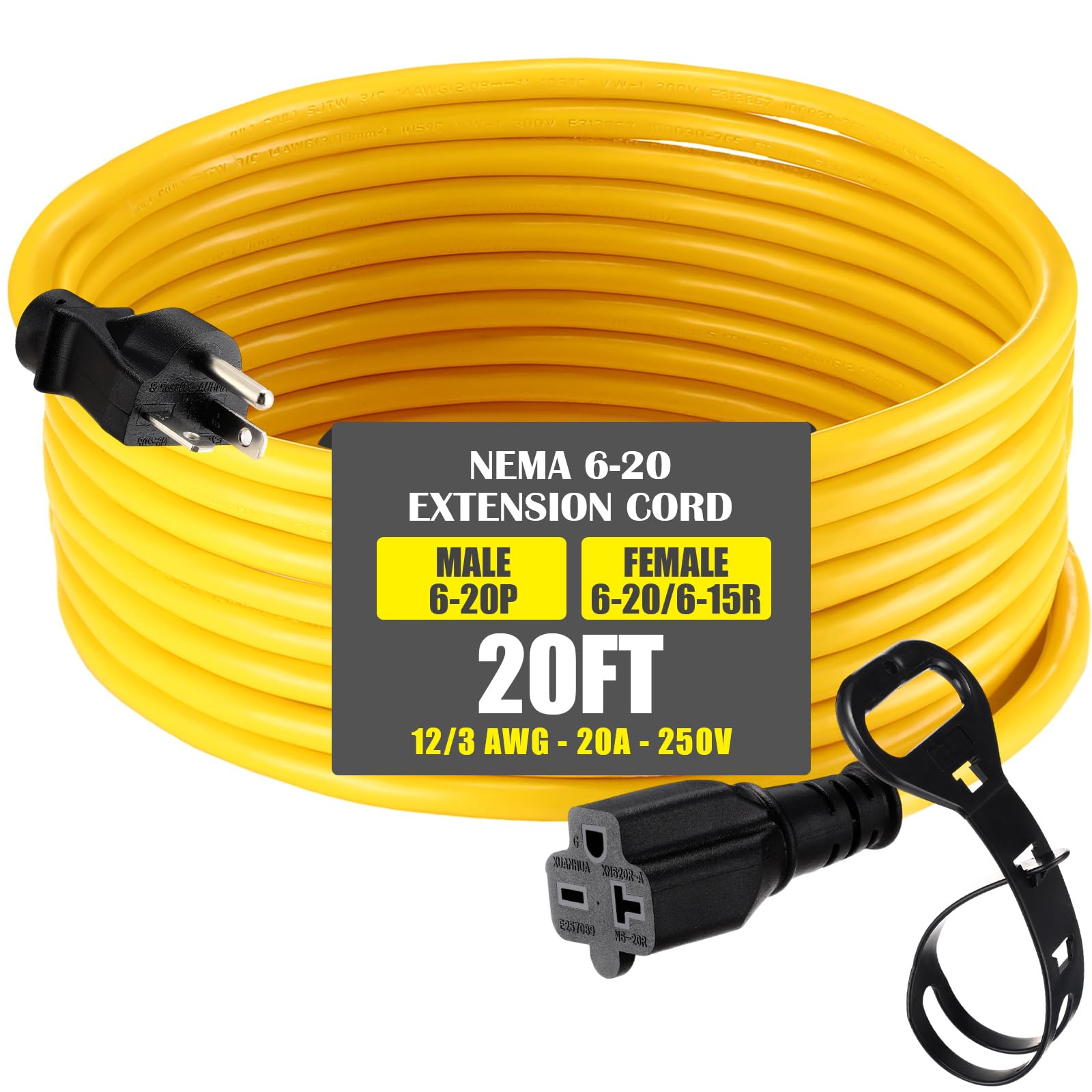 Saysurey 20 FT NEMA 6-20 Extension Cord, NEMA 6-20P Male Plug to 6-20R ...