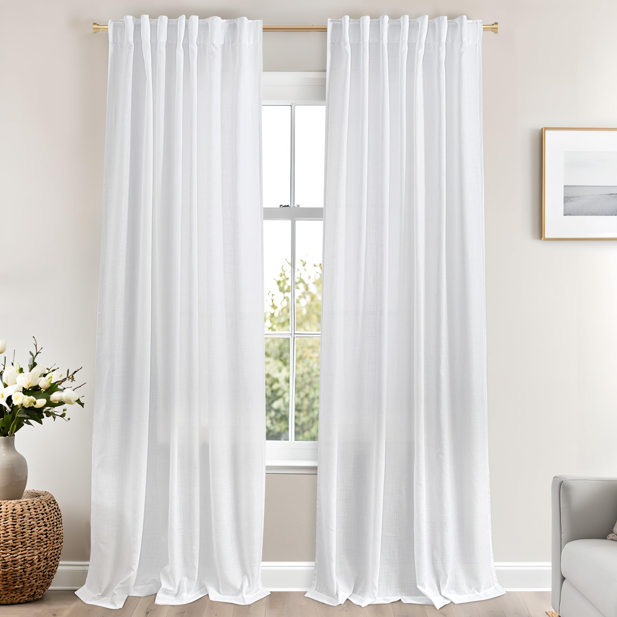 Mrs.Naturall White Curtains 108 Inches Long,Light Filtering Semi Linen ...