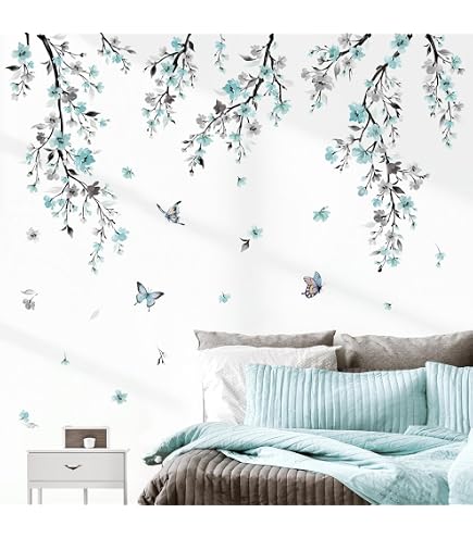 Removable Wall Decals Blue Blossom Amaonm Removable PVC Watercolor Blue ...