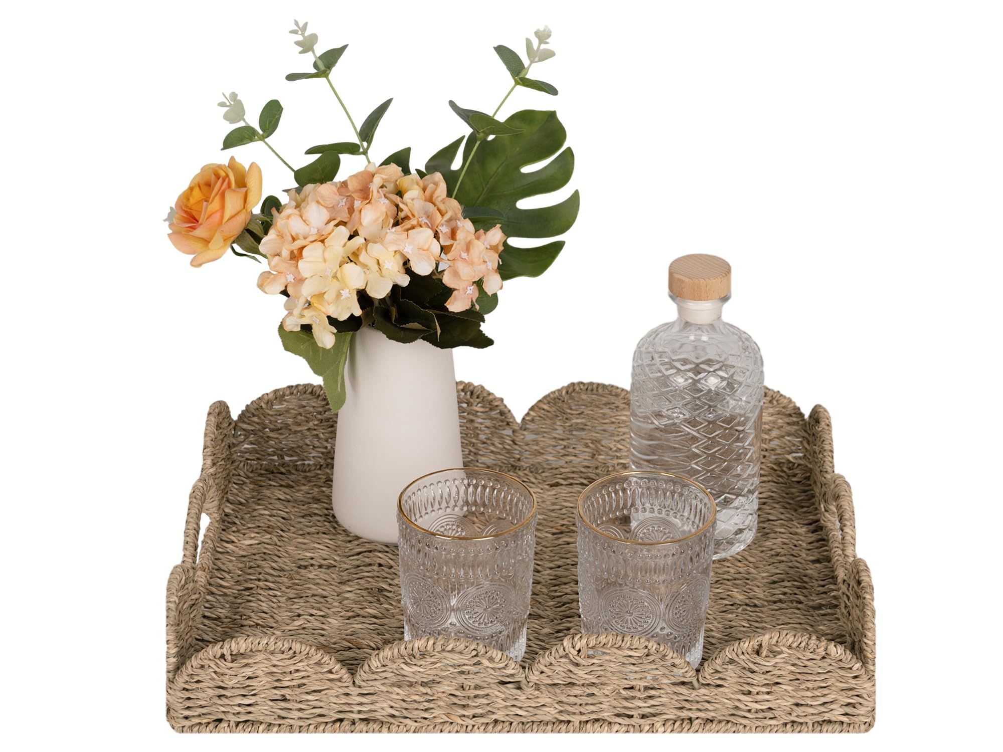 StorageWorks Scalloped Tray, Wicker Rattan Serving Tray with Handles ...