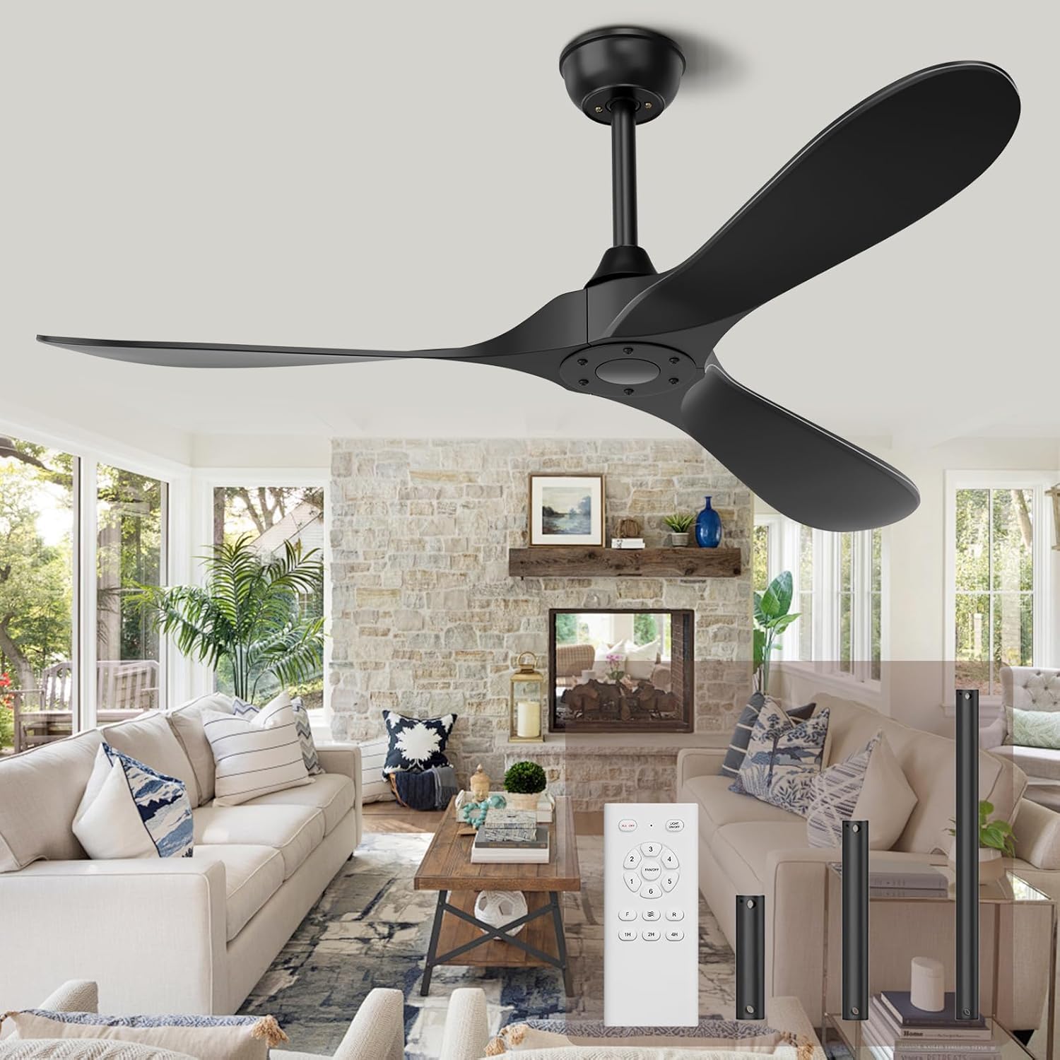 KASASS Black Ceiling Fan No Light, 52 in Outdoor Ceiling Fan with ...