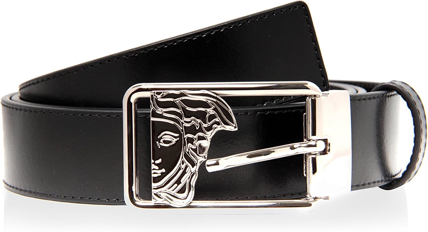 Versace Collection Brown Leather Belt (V91004S) Signature Silver Buckle ...