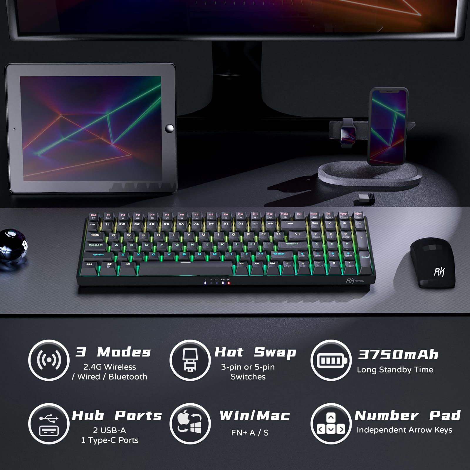 Mua RK ROYAL KLUDGE RK100 2.4G Wireless/Bluetooth/Wired RGB Mechanical ...