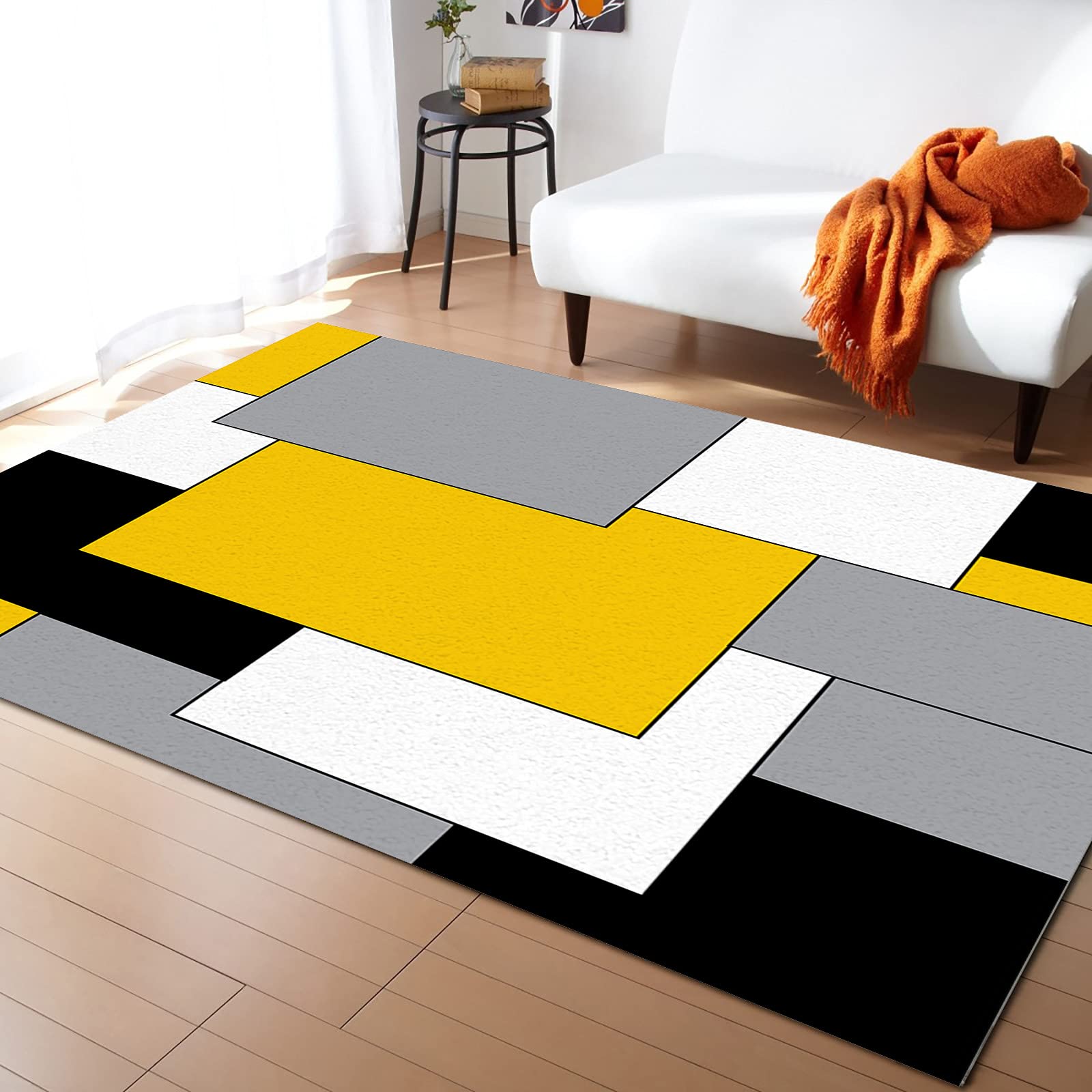 Yellow Black Geometric Area Rugs Indoor Non-Slip Rectangle Rug 4x6 ft ...