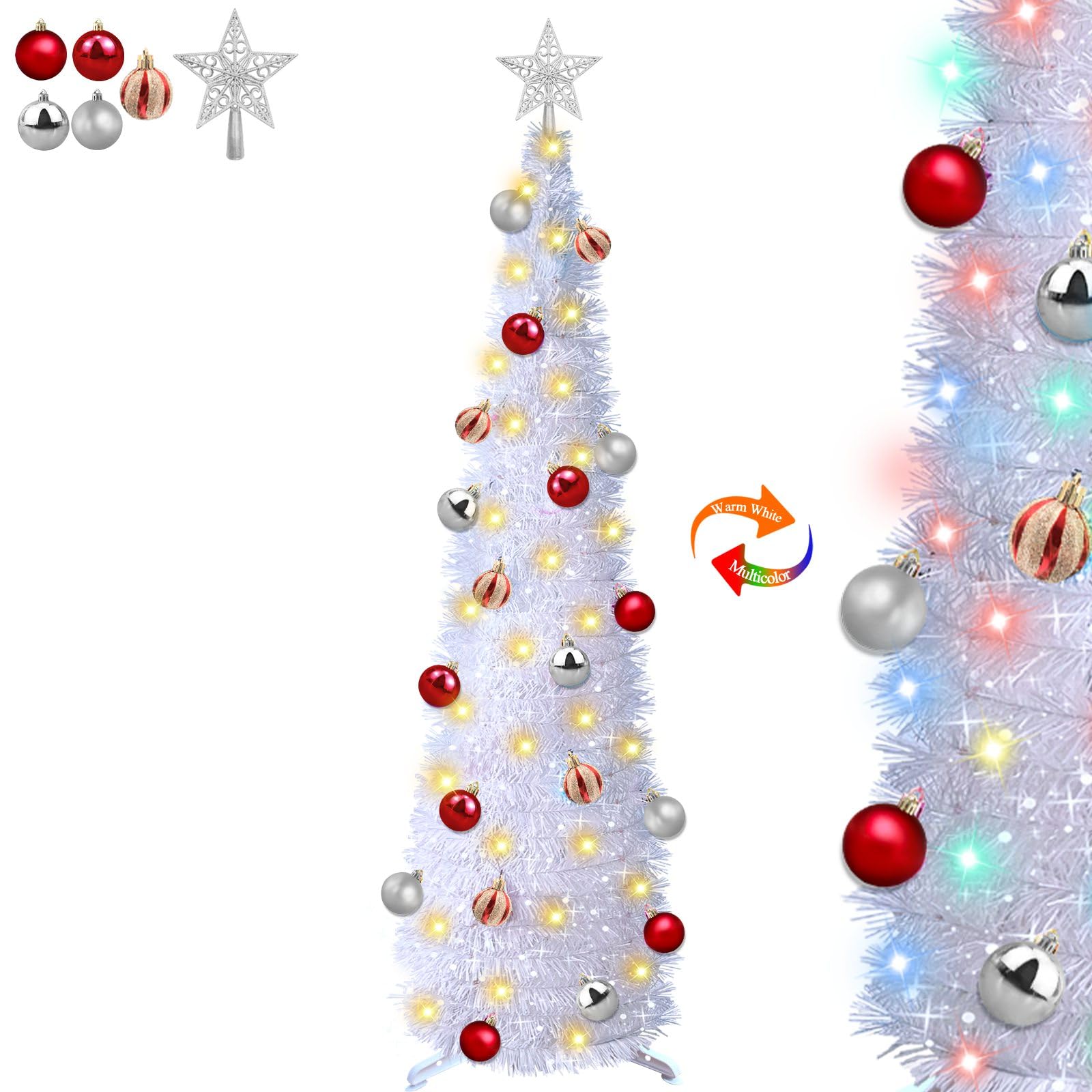 Dual Color Change & Timer 5 Ft White Tinsel Pop Up Christmas Tree with ...