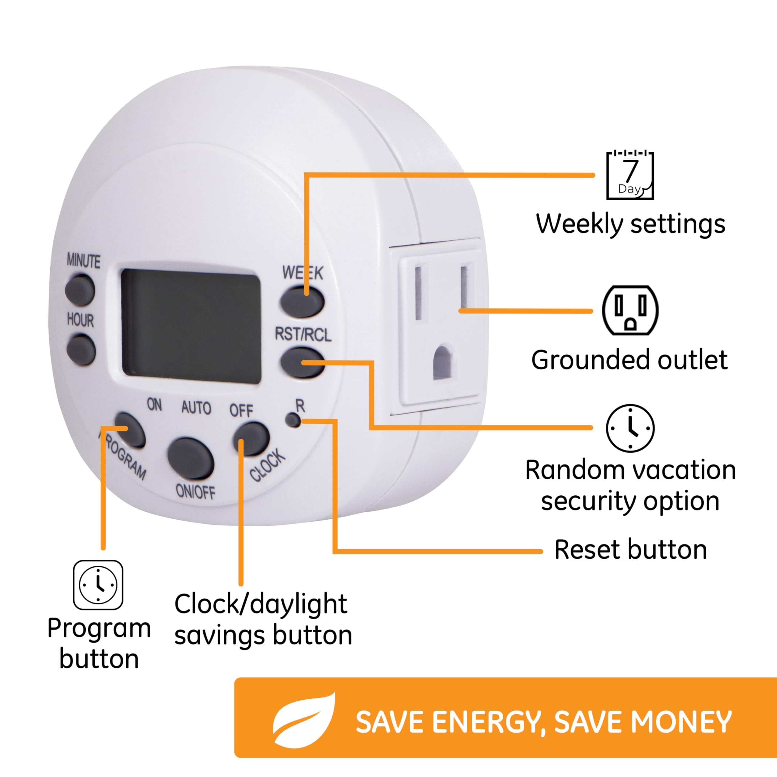 GE 7-Day Programmable Indoor Digital Timer, 1 Grounded Outlet, Weekly ...