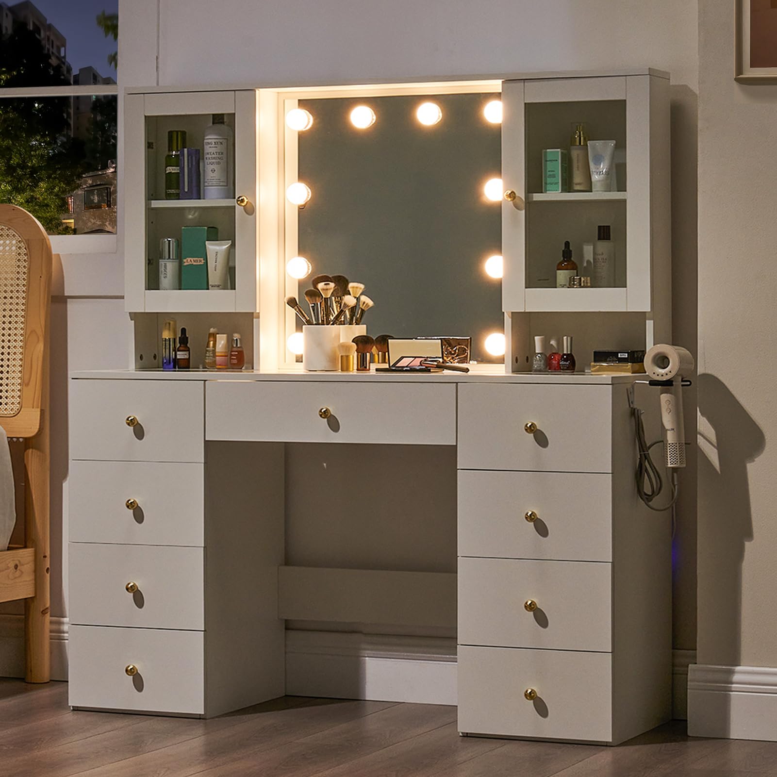 LINSY HOME Glass Top Vanity White Makeup Vanity with Mirror and Lights ...