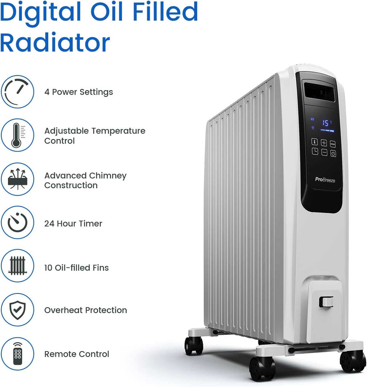 Pro Breeze 2500W Digital Oil Filled Radiator, 10 Fin – Portable ...