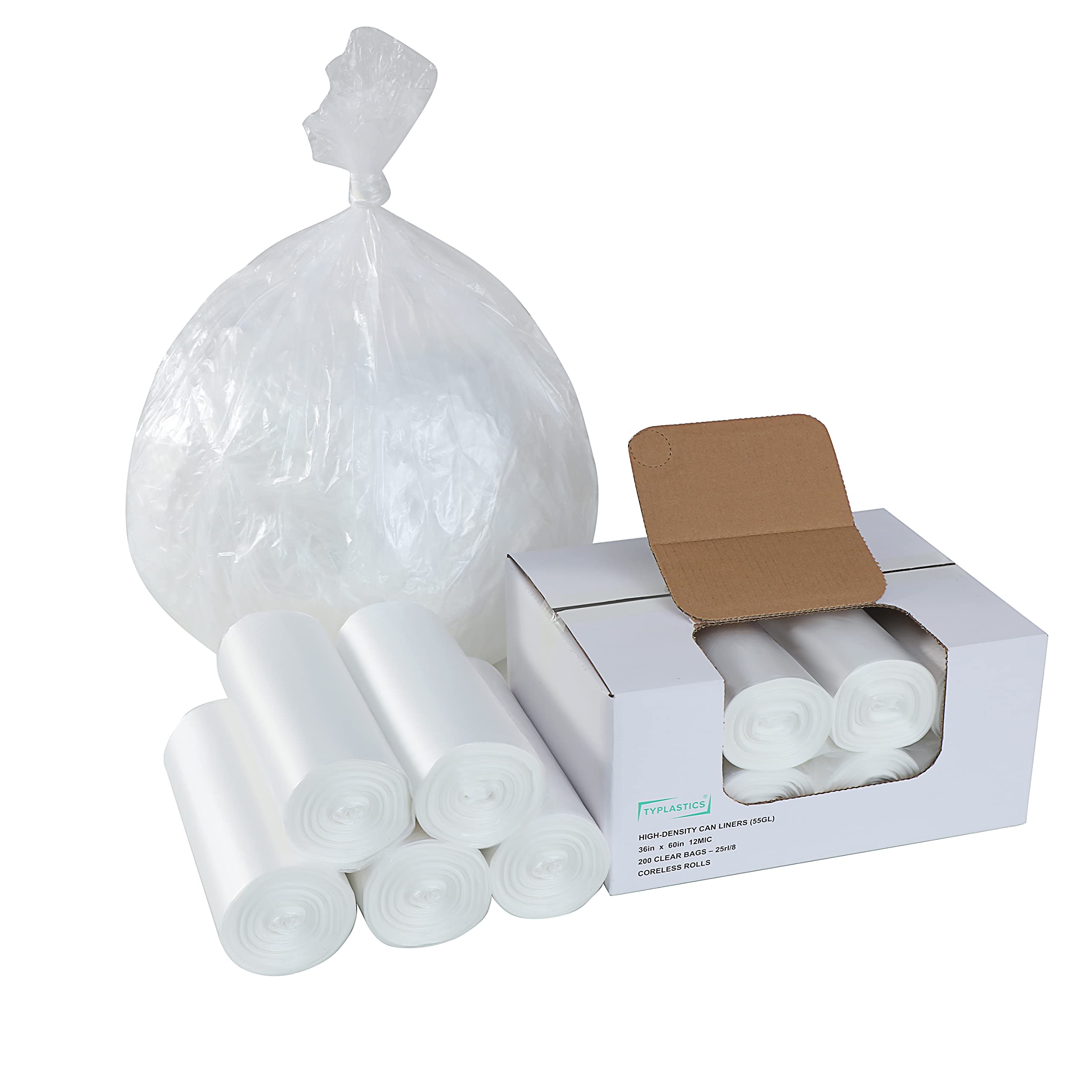 TYPLASTICS 55 Gallon Clear Trash Can Liners - 36" x 60" - High Density ...