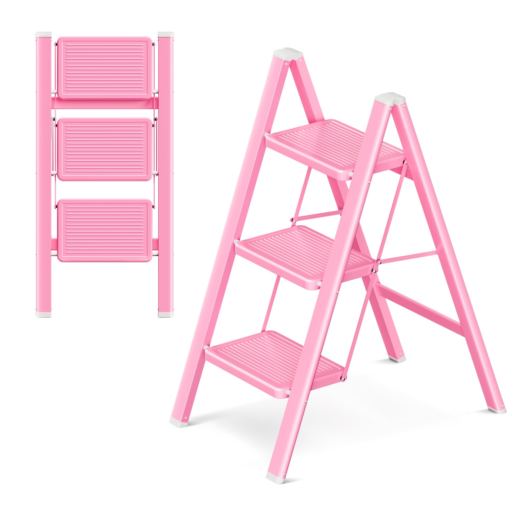 GameGem Pink Step Ladder 3 Step Folding, Small Step Stool for Women to ...