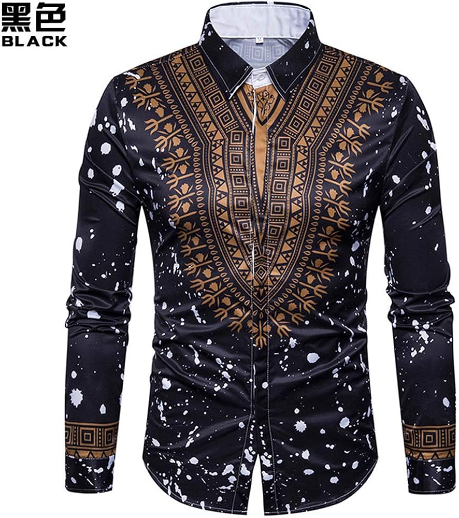 Amazon.com: Ethnic Style Printed Long-Sleeved Shirt Men's Shirt 3988 WH ...