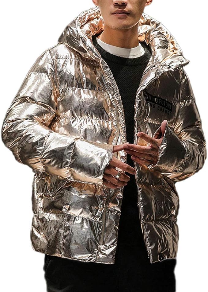 Mens Metallic Shiny Long Sleeves Down Jacket, Thick Puffer Parka with ...