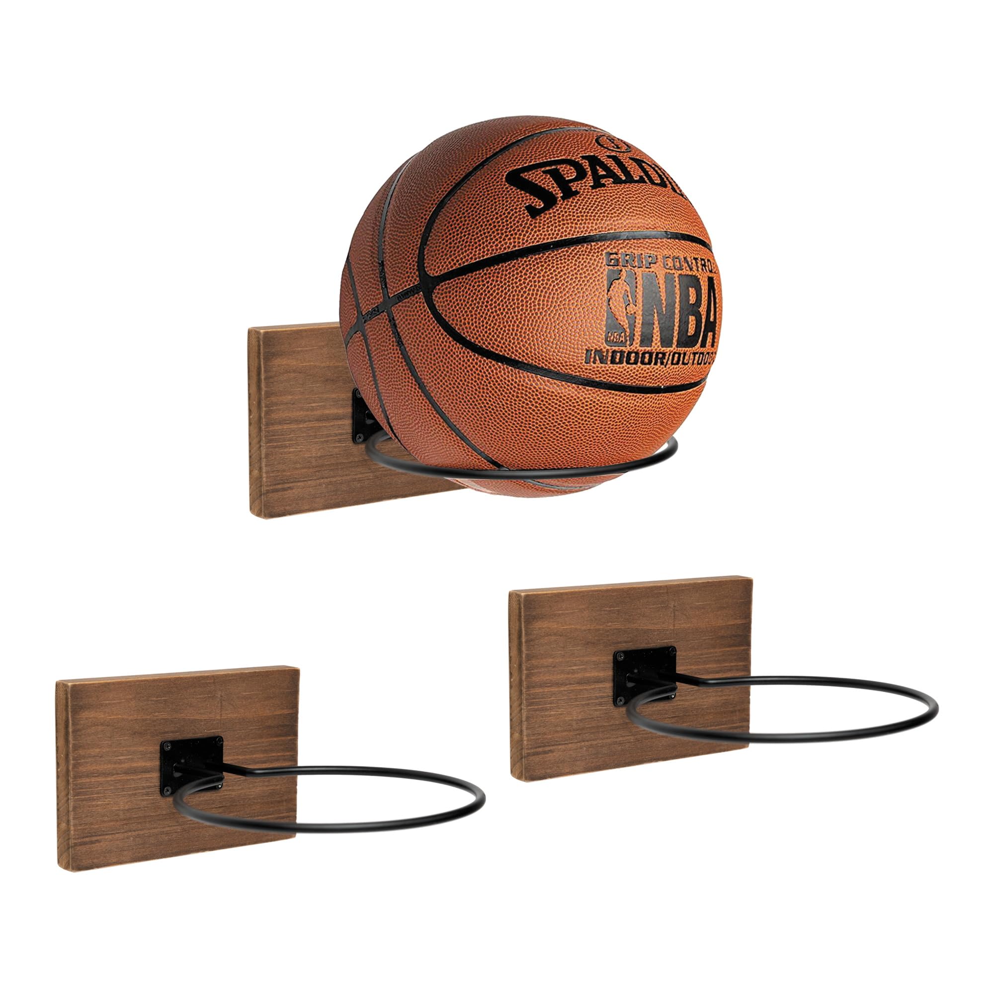 GENMOUS Set of 3 Wooden Basketball Holder, Wall Mounted Basketball ...