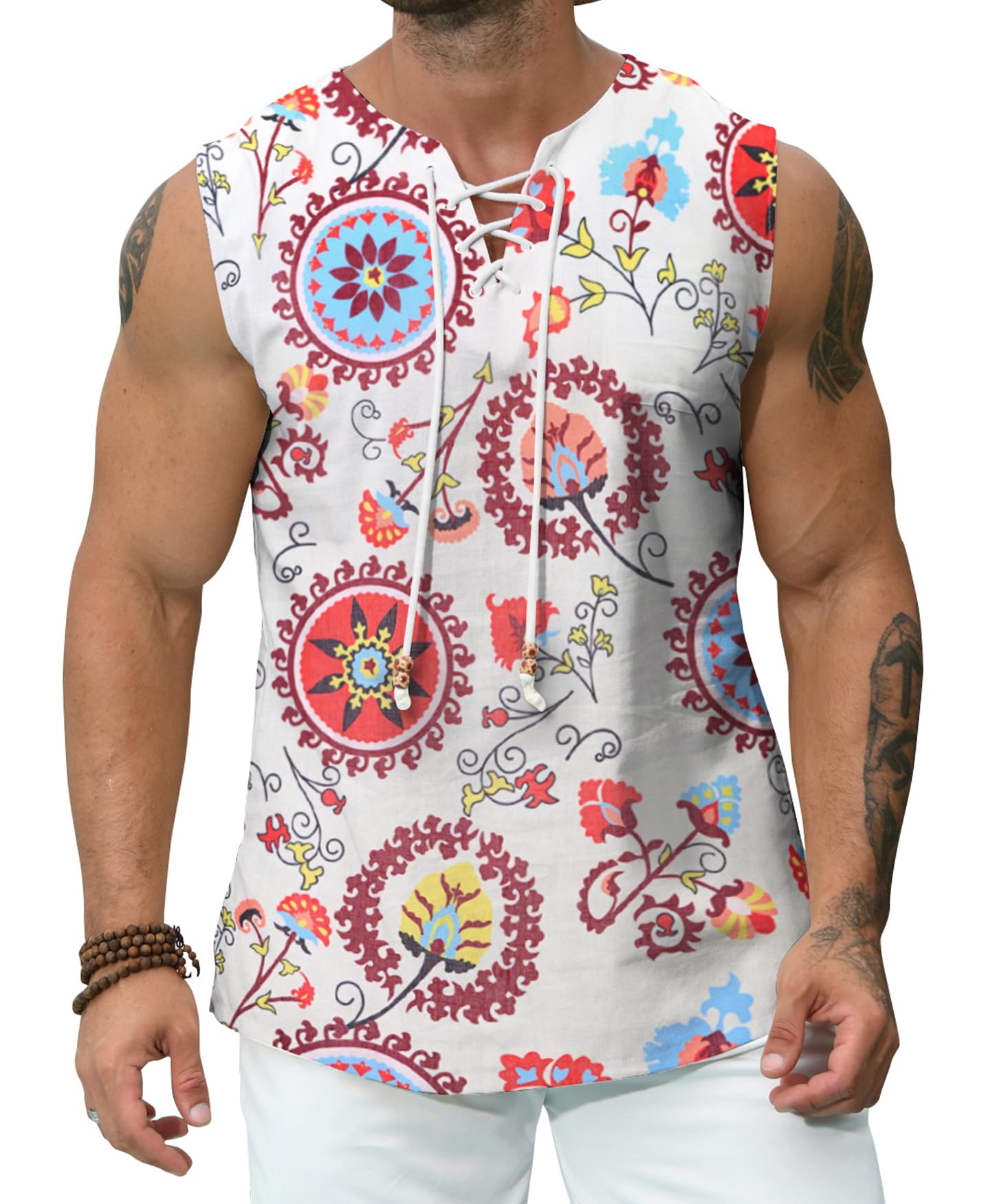 Adovigo Hippie Sleeveless Shirts for Men Bohemian Lace Up Linen 70S ...