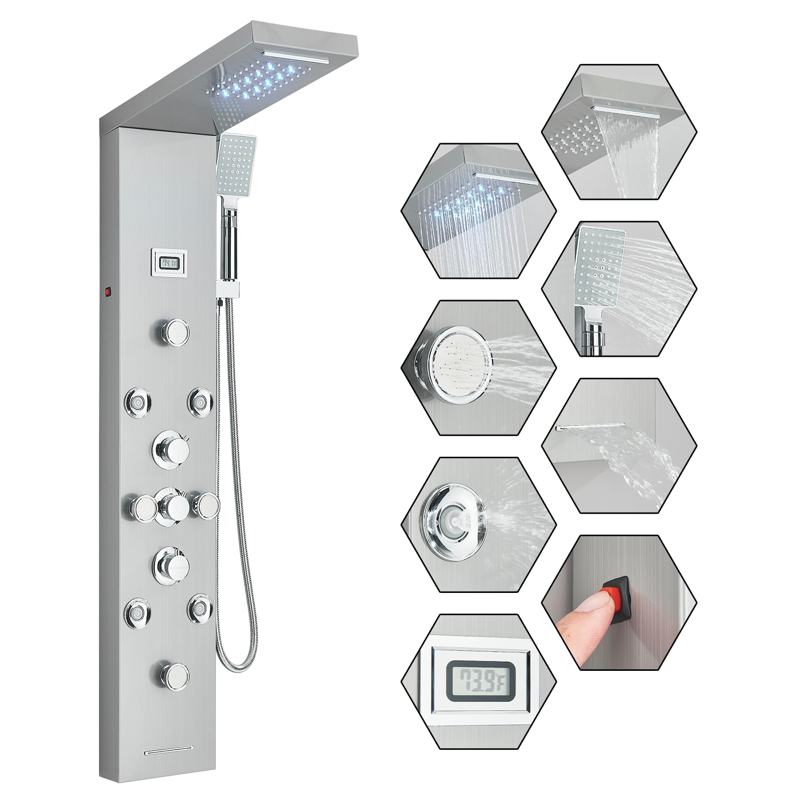 FUZ Shower Panel Tower System, Stainless Steel 6 IN 1 Shower Panel ...
