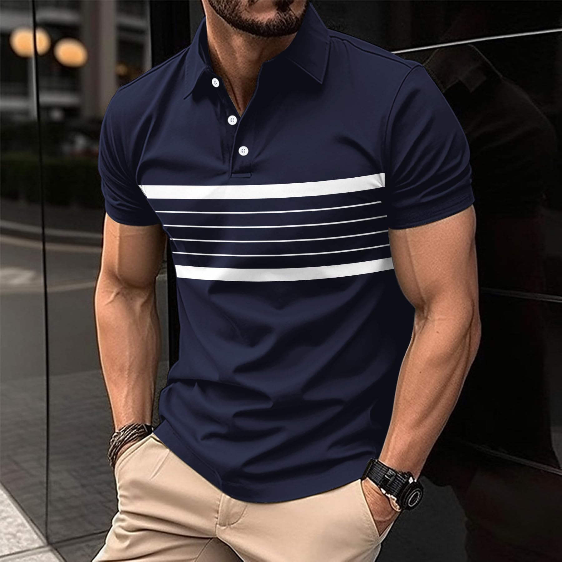 Mens Fashion Color Block Polo Shirts Summer V-Neck Button Striped ...