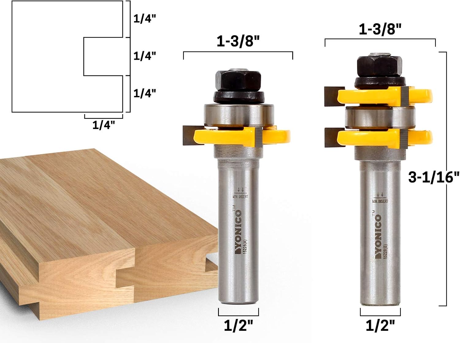 Yonico 15228 3/4-Inch 2 Bit Tongue and Groove Router Bit Set 1/2-Inch ...