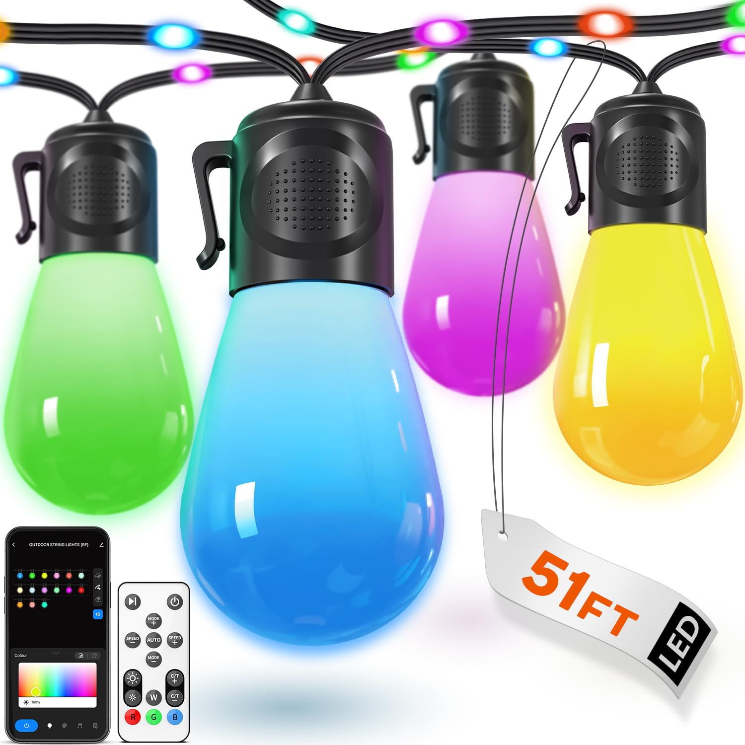 HomaVida Smart Outdoor Patio Lights, 51FT RGB DIY String Lights for ...