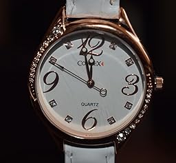 COMTEX Ladies Watches Rose Gold Tone with White Leather Strap Fashion ...