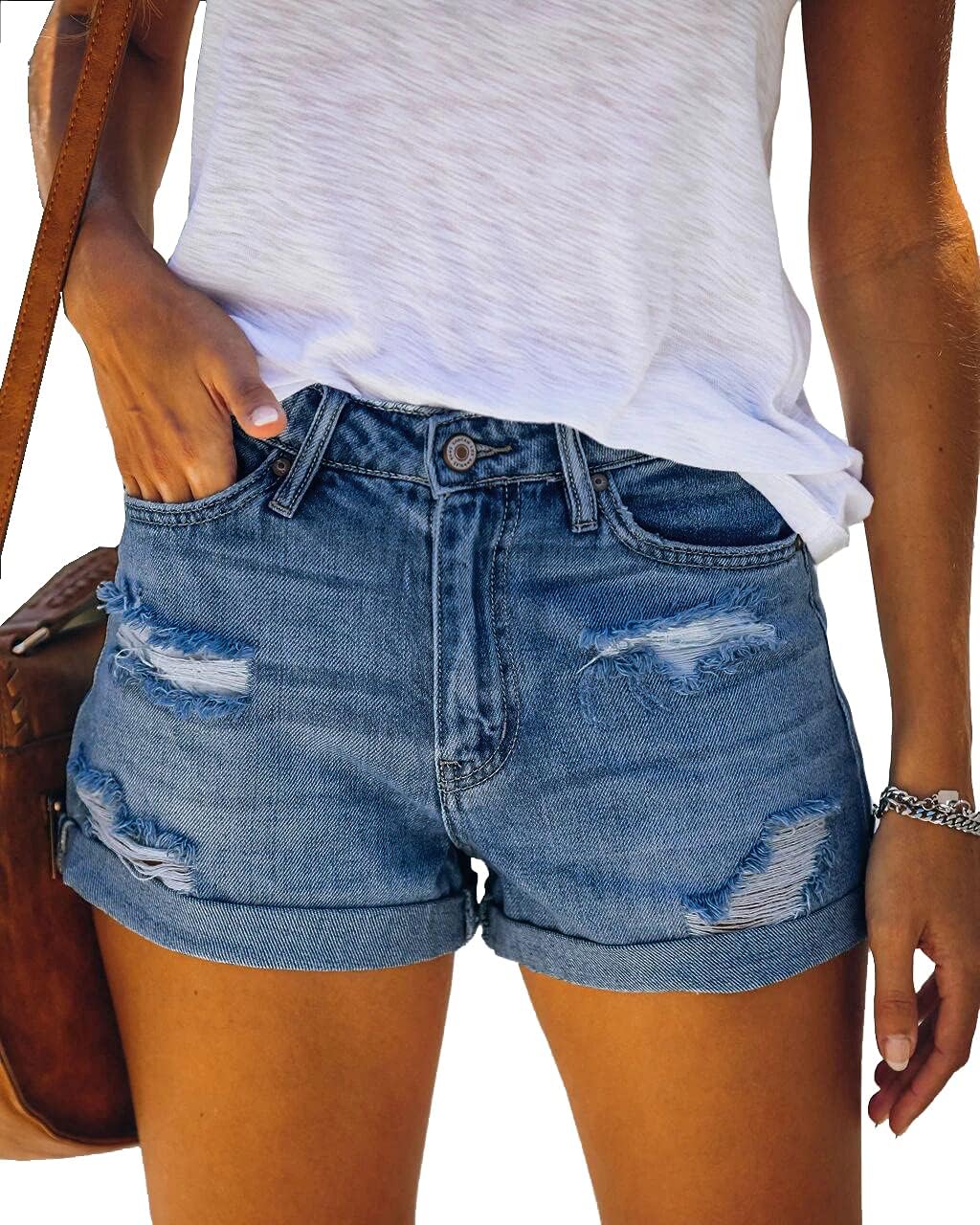 Dames Jeans Korte Broek Casual Denim Shorts Mid Taille Gerafelde ...