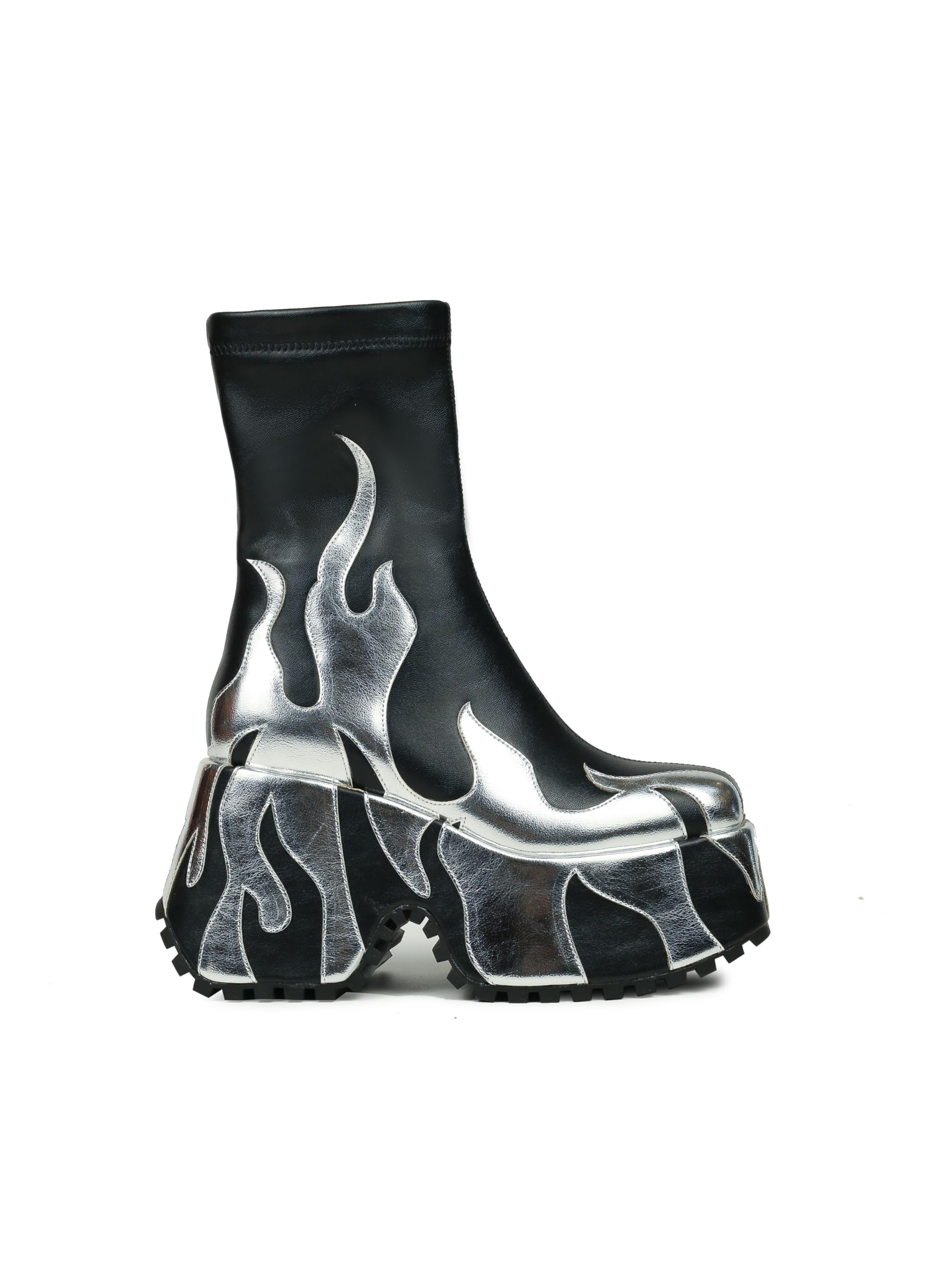 HiColor women’s side zipper high heeled silver Flames Printing Chunky ...