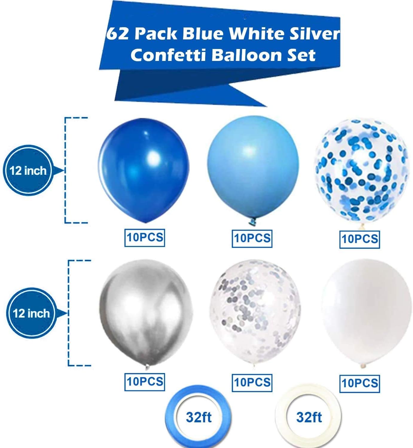 62 Pack Blue Silver White Confetti Balloons Kit- 12 Inch White Royal ...