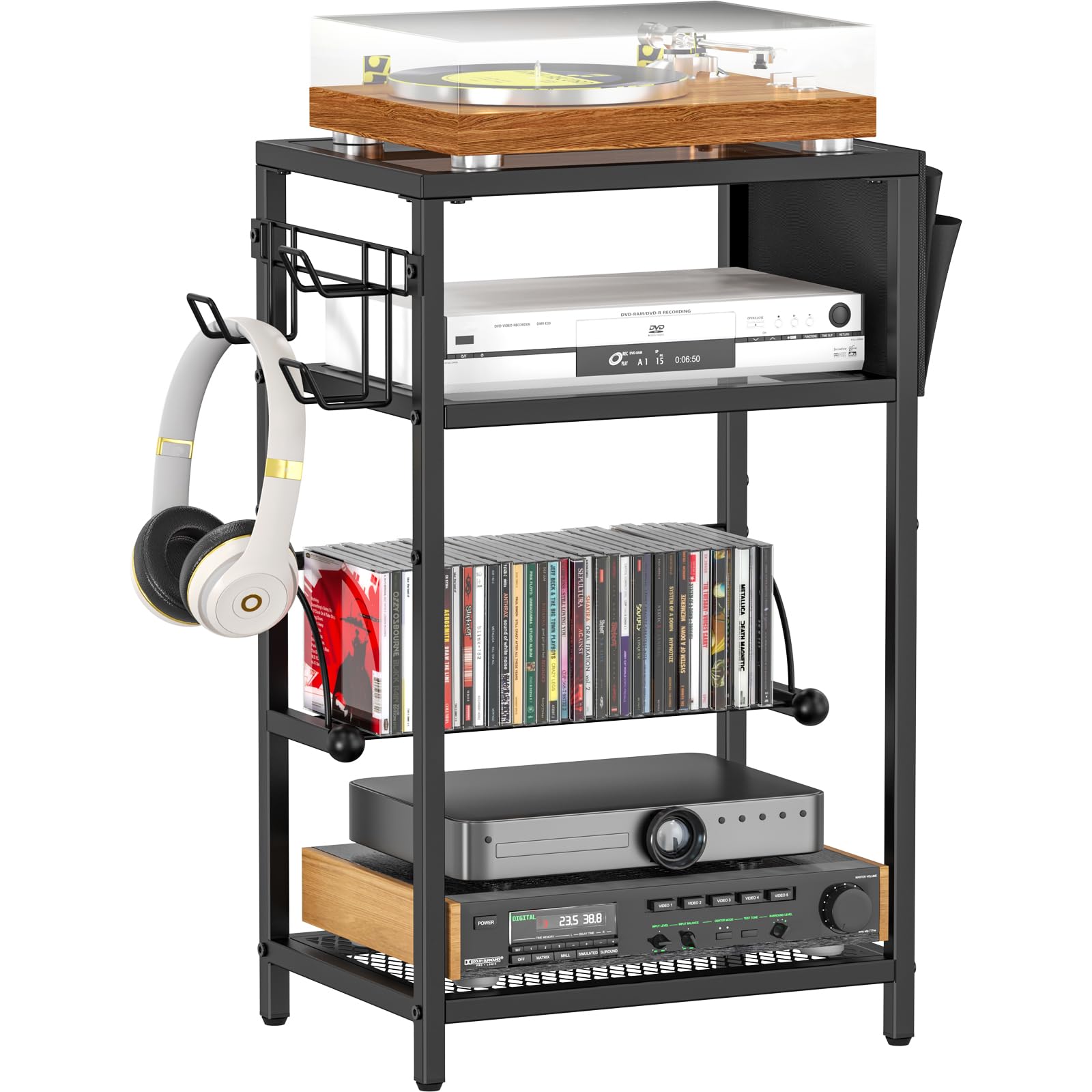 Snughome 4-Tier AV Media Stand, Audio Video Rack with 3 Hooks and ...