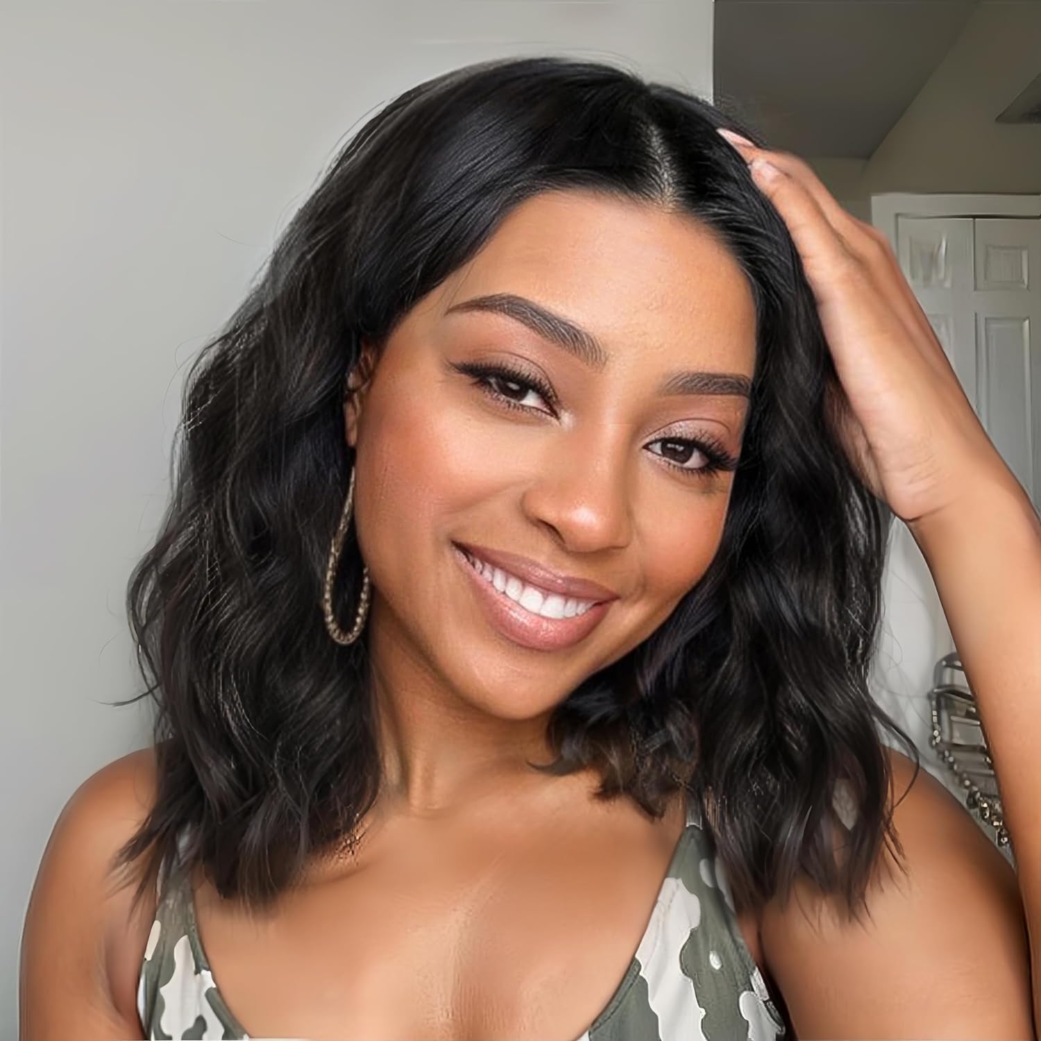 cuiud Black Wigs for Women Short Wavy Curly Wigs 14Inch Middle Part ...