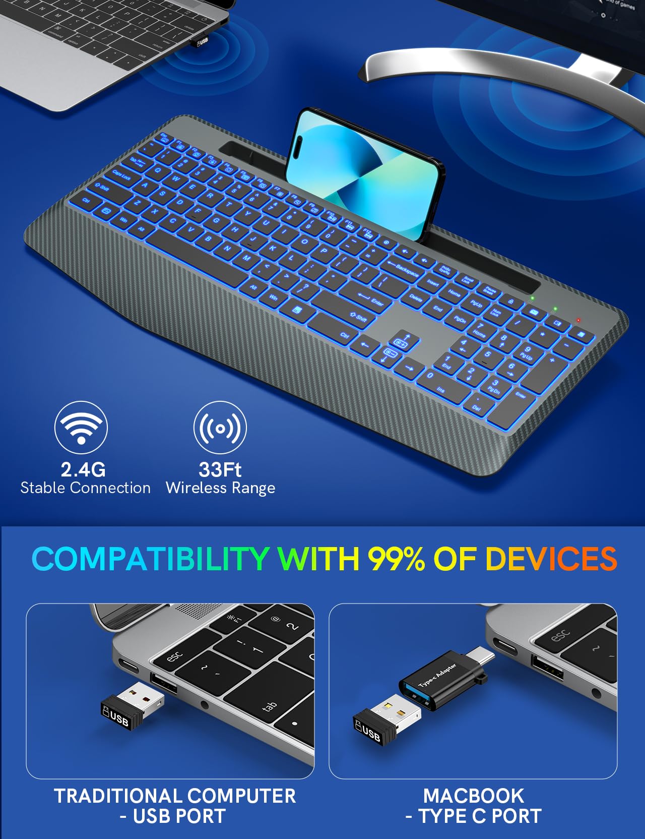 Mua Trueque Wireless Keyboard with 7 Colored Backlits, Wrist Rest ...