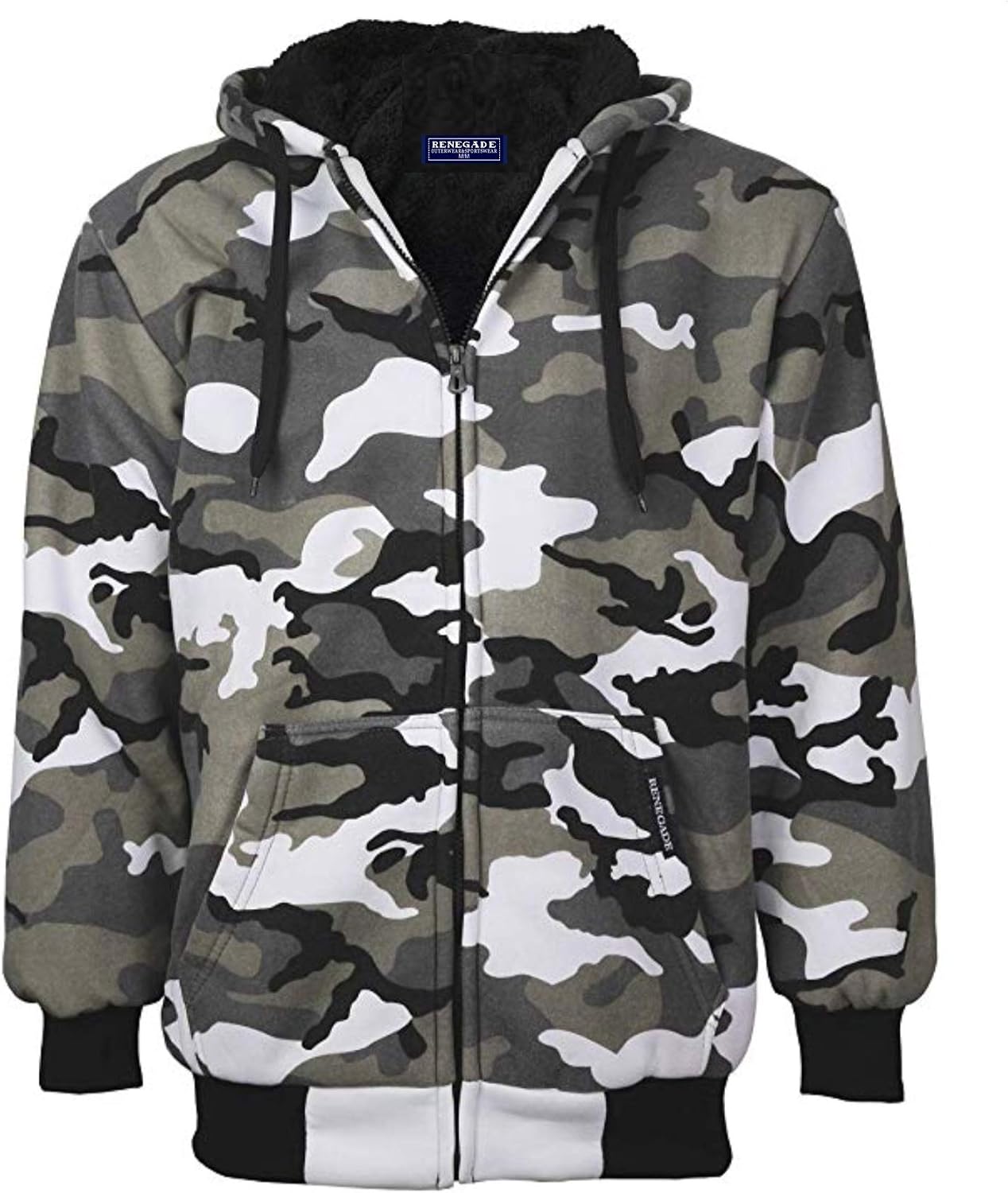 Renegade Sportswear Men’s Camouflage Fur-Lined Zip Up Hoodie Sweatshirt ...