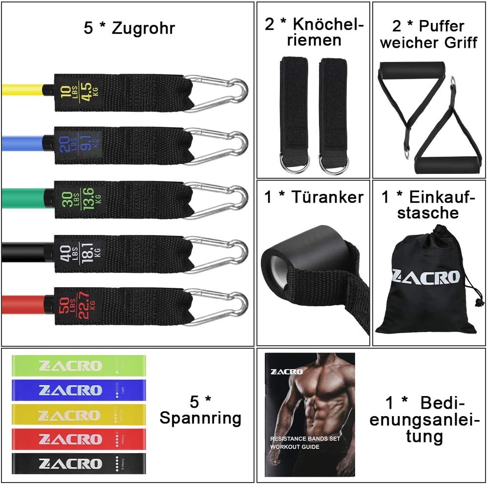 Zacro 16 piece fitness bands, resistance bands set, 5 exercise bands ...