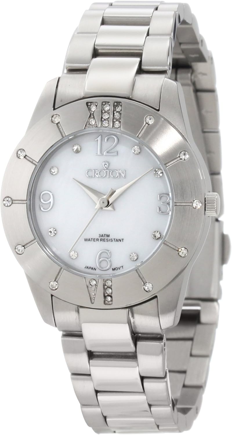 Croton Women's Heritage Crystal Accented White Mop Dial Stainless Steel ...