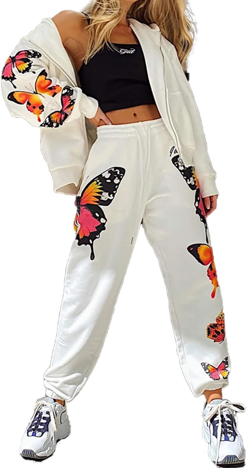 Womens Butterfly Printed Tracksuit Jogger Outfit Zip Up Hooded ...