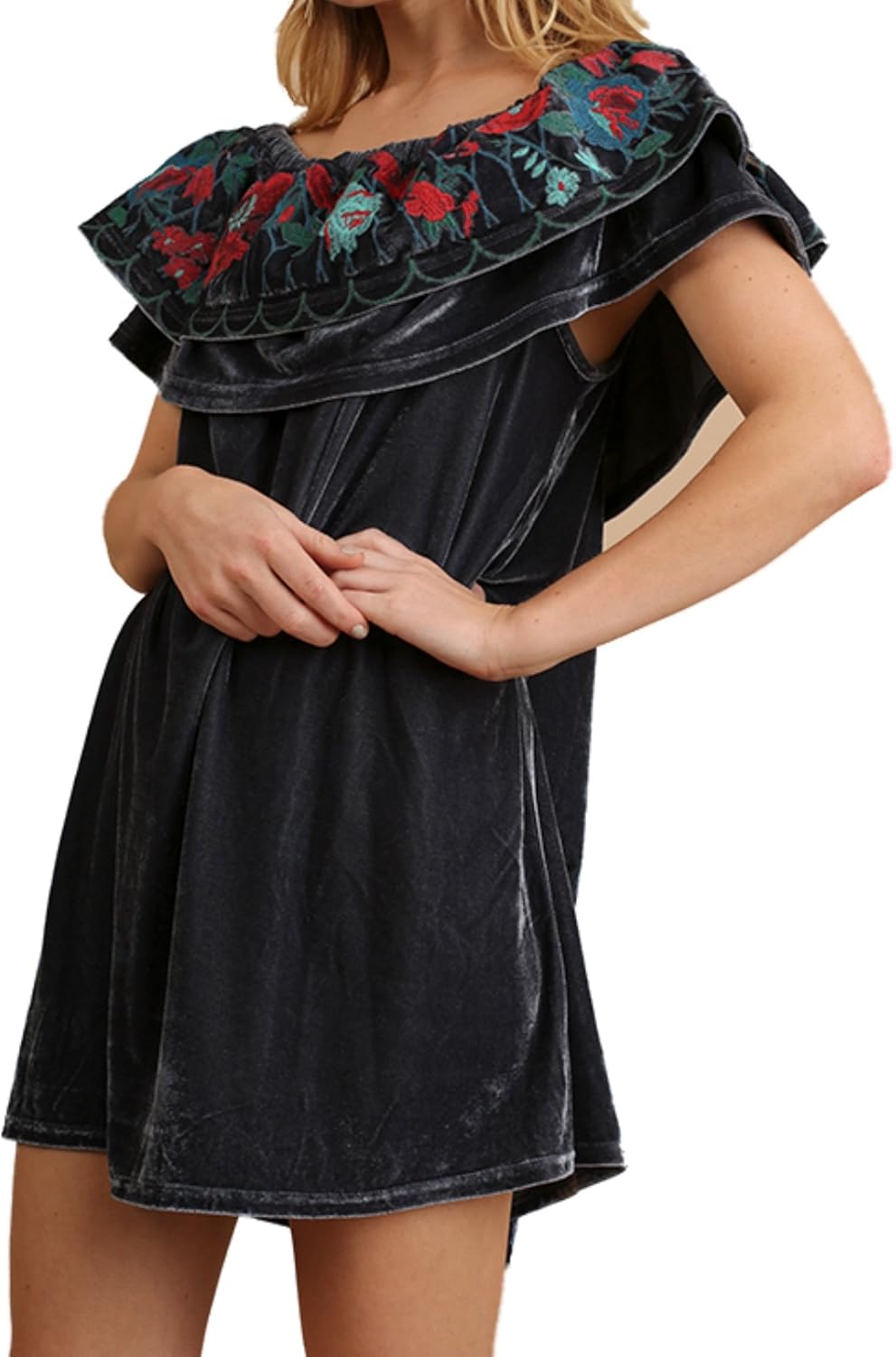 Umgee USA Off Shoulder Velvet Dress Embroidered Detail at Amazon Women ...