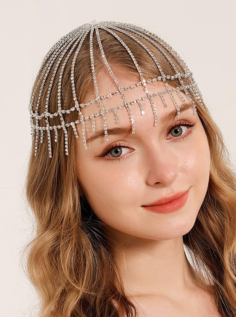 Missgrace Bohemian Women Silver 1920s Crystal Flapper Headpiece Cap Bridal Wedding Large ...