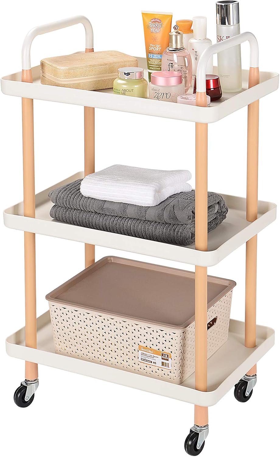 SortWise 3-Tier Rolling Utility Cart Shelf with Handle ＆ Wheels, Wooden ...
