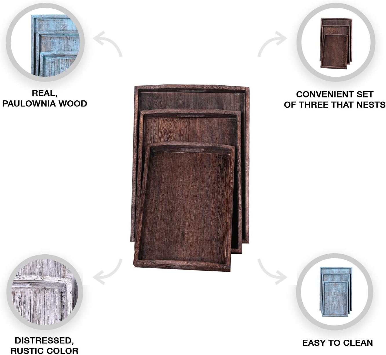 Rustic Wooden Serving Trays with Handle – Set of 3 – Large, Medium and ...