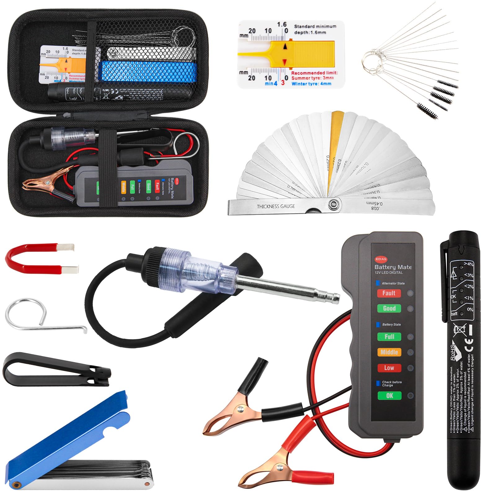 Car Spark Tester Kit with 12V Battery Tester, Steel Feeler Gauge, Brake ...