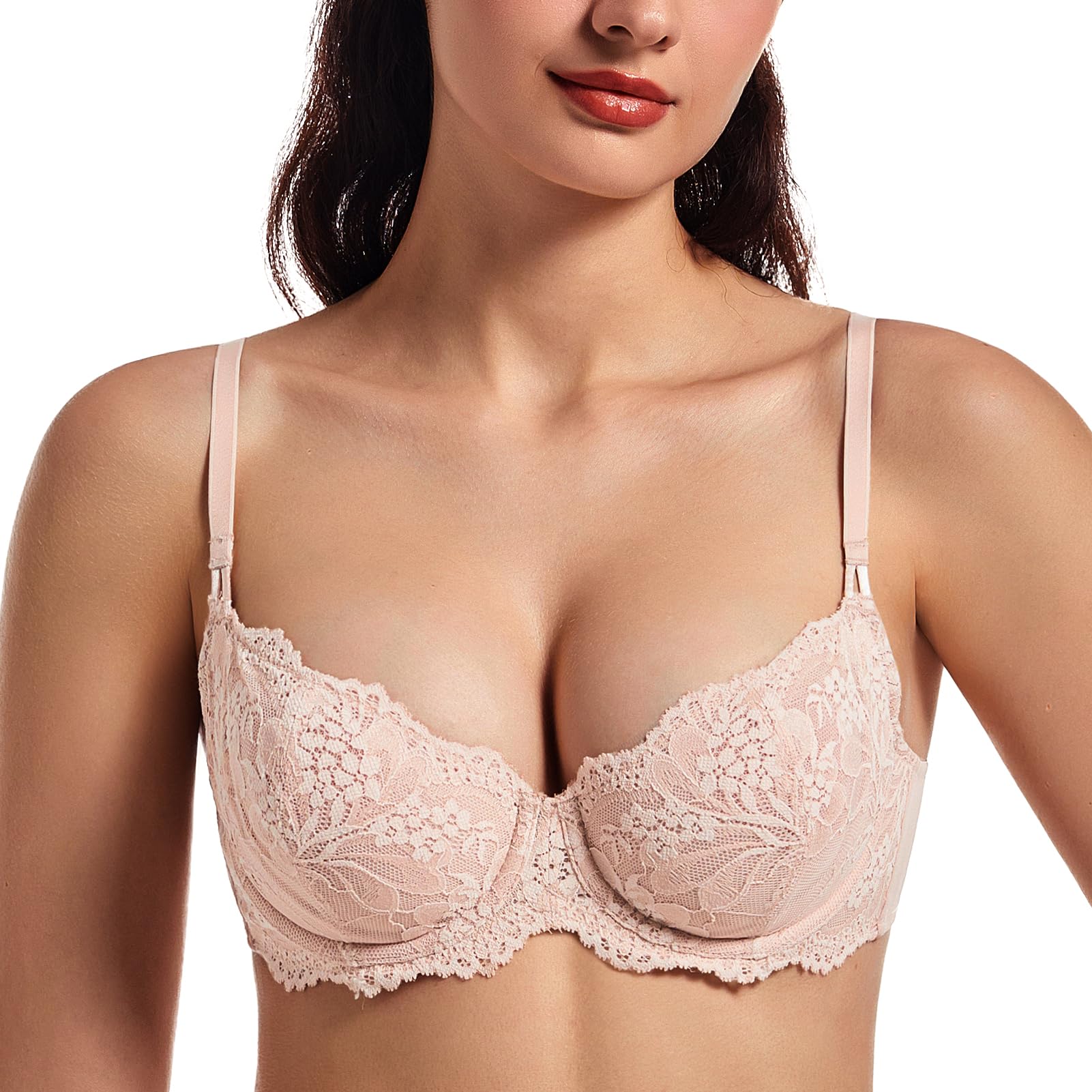 MELENECA Women's Sexy Lace Push Up Plus Size Sheer Balconette Underwire Unlined Bra Beige 36F ...
